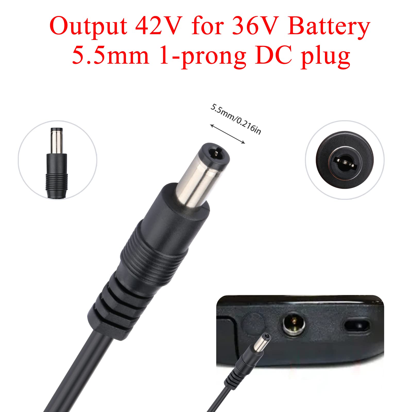 Cupinyo 42V 2A Universal Charger 1 Prong for 36V Lithium Battery Compatible with Most Brands with 5.5mm DC Plug