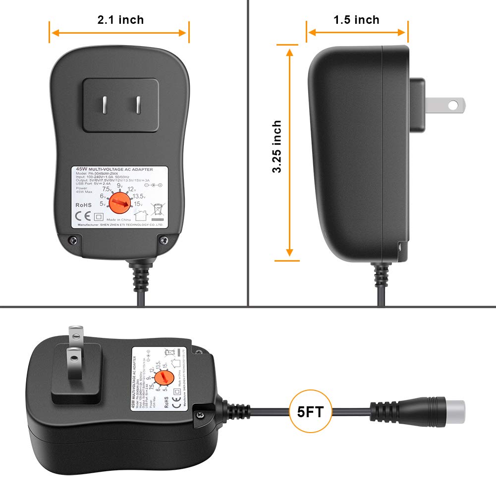 POWSEED 45W Universal AC Adapter 5V 6V 7.5V 9V 13.5V 15V Switching wall cord Charger W/USB Port for IP Cameras Tablets Cellphones Routers Speakers Webcam HUB etc. 3000mA Max 5V 2.4A