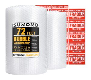 bubble cushioning wrap roll, sumono 12 inch x 72 feet total [2 rolls of 36 feet] bubble roll perforated 12 inch included 20 fragile sticker label