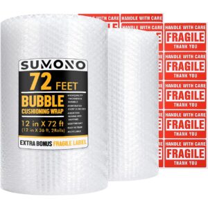 Bubble Cushioning Wrap Roll, Sumono 12 Inch x 72 Feet Total [2 Rolls of 36 Feet] Bubble Roll Perforated 12 Inch Included 20 Fragile Sticker Label