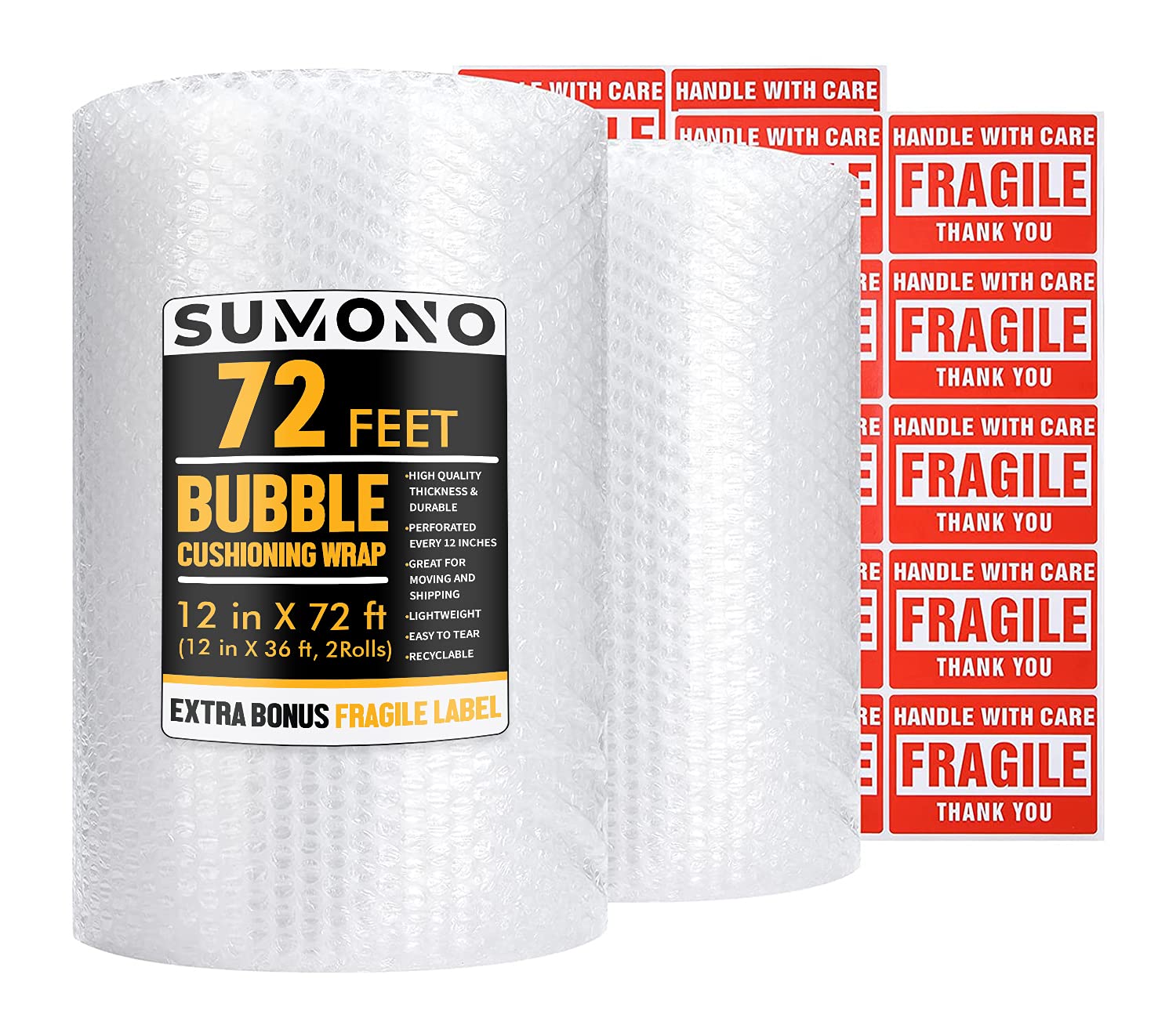 Bubble Cushioning Wrap Roll, Sumono 12 Inch x 72 Feet Total [2 Rolls of 36 Feet] Bubble Roll Perforated 12 Inch Included 20 Fragile Sticker Label