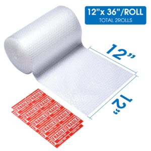 Bubble Cushioning Wrap Roll, Sumono 12 Inch x 72 Feet Total [2 Rolls of 36 Feet] Bubble Roll Perforated 12 Inch Included 20 Fragile Sticker Label