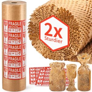 jarlink honeycomb packing paper, 15"x 213' bubble packing wrap for packing/shipping/moving, eco-friendly bubble packing paper wrapping roll, recyclable moving supplies with 20 fragile sticker labels