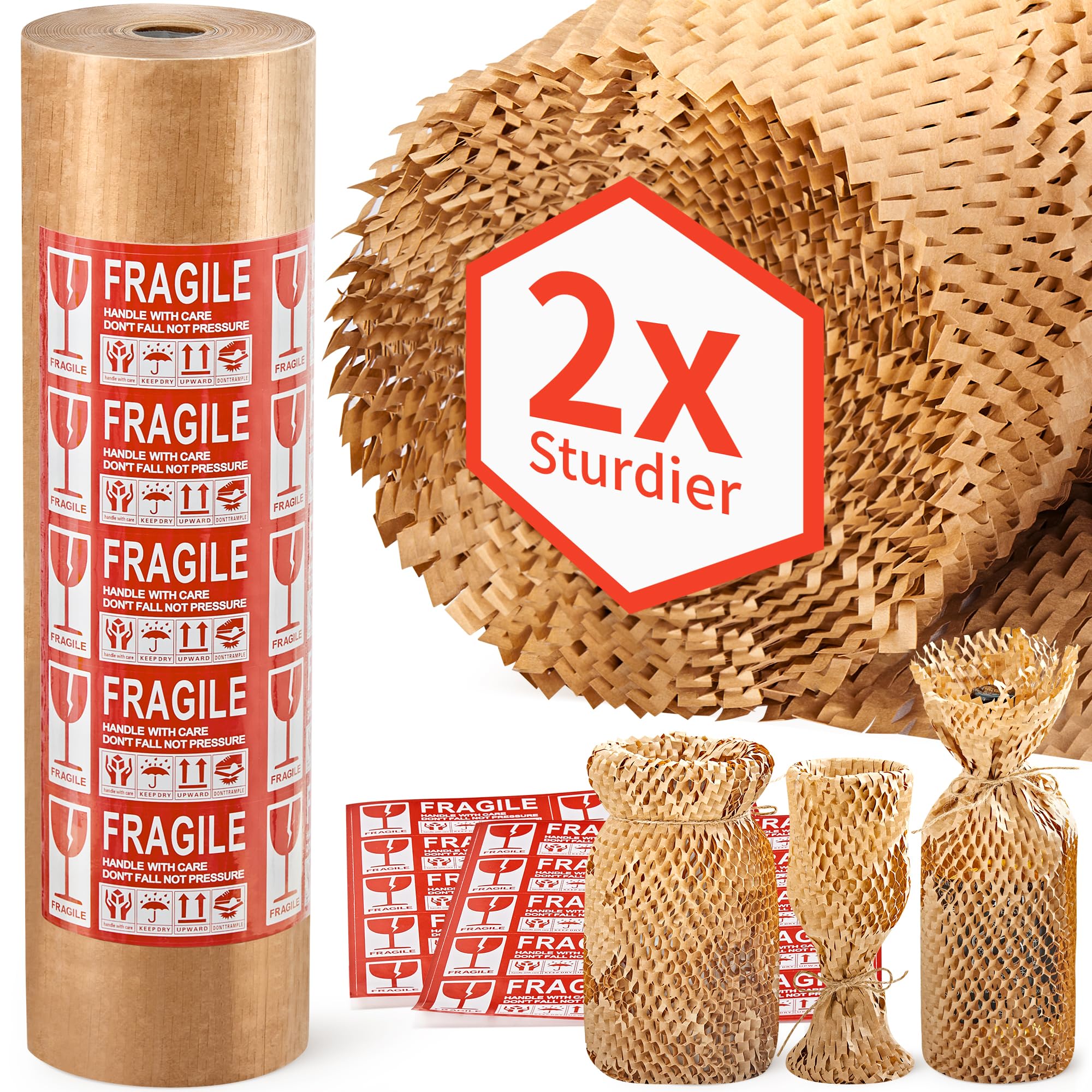 JARLINK Honeycomb Packing Paper, 15"x 213' Bubble Packing Wrap for Packing/Shipping/Moving, Eco-Friendly Bubble Packing Paper Wrapping Roll, Recyclable Moving Supplies With 20 Fragile Sticker Labels