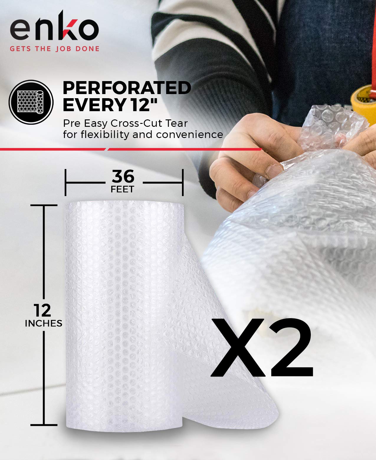 enKo (2 Pack) 12 inch x 72 feet Bubble Cushioning Wrap Roll Perforated 20 Fragile Sticker Labels for Moving Shipping Packing Boxes Supplies