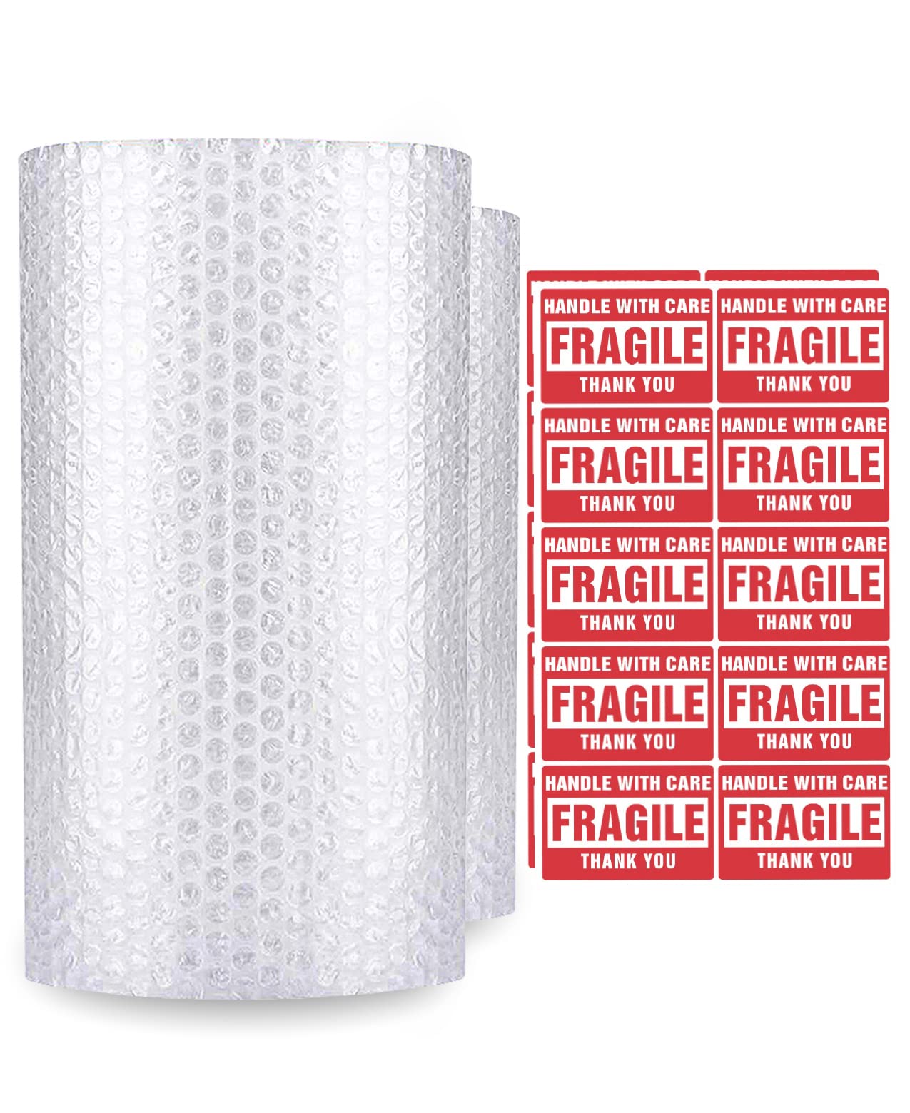 enKo (2 Pack) 12 inch x 72 feet Bubble Cushioning Wrap Roll Perforated 20 Fragile Sticker Labels for Moving Shipping Packing Boxes Supplies