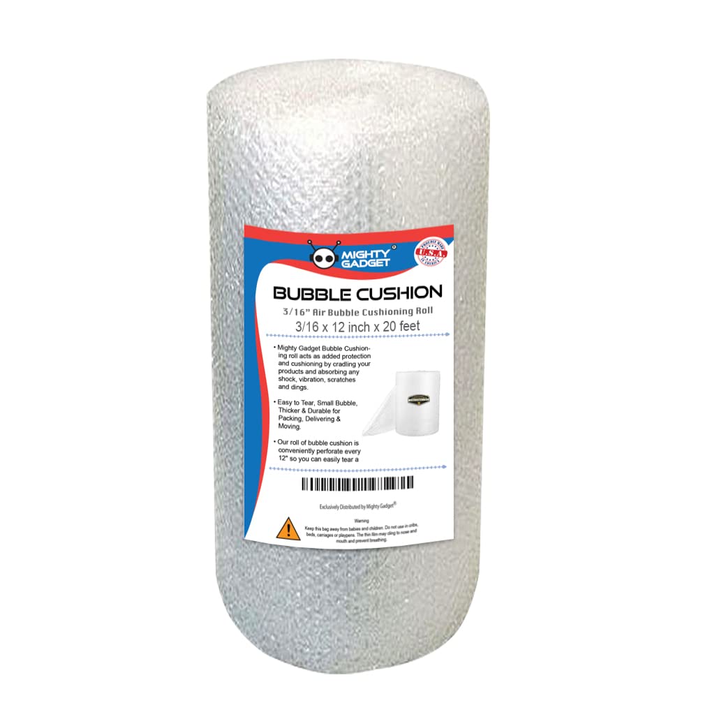 Mighty Gadget Bubble Cushioning Wrap Rolls, 3/16" x 12" x 20' ft, Perforated Every 12" for Packaging, Shipping, Mailing (Clear White)