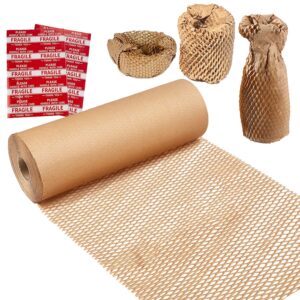 honeycomb packing paper,12" w x 200' l bubble cushioning wrap for moving,products & gifts wrapping paper,recyclable and biodegradable cushioning packing material with 20 fragile sticker labels