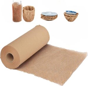 honeycomb packing paper, 15"x200' honeycomb cushioning bubble wrap paper roll for moving shipping breakables packaging gifts with 20 fragile sticker biodegradable & fully recyclable brown kraft