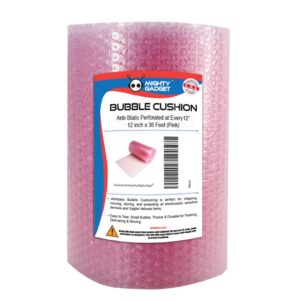 mighty gadget pink bubble cushioning wrap rolls, 12" x 36’ ft, perforated every 12" for packaging, shipping, mailing (antistatic)