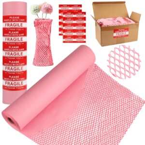 honeycomb packing paper, 15" x 131'ft honeycomb cushioning wrap roll, packing paper sheets for moving shipping with 20 fragile stickers, recyclable packing wrap honeycomb paper packing supplies-pink