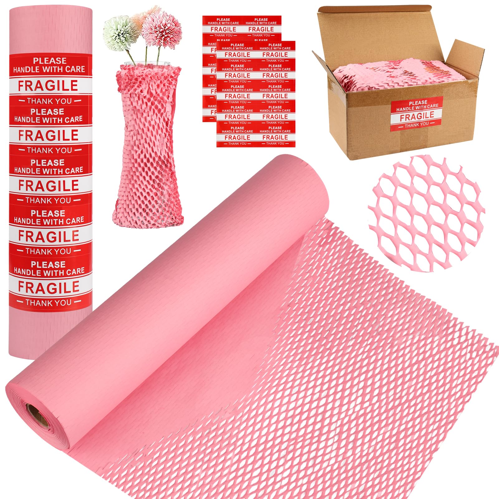 Honeycomb Packing Paper, 15" x 131'ft Honeycomb Cushioning Wrap Roll, Packing Paper Sheets for Moving Shipping with 20 Fragile Stickers, Recyclable Packing Wrap Honeycomb Paper Packing Supplies-Pink