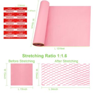 Honeycomb Packing Paper, 15" x 131'ft Honeycomb Cushioning Wrap Roll, Packing Paper Sheets for Moving Shipping with 20 Fragile Stickers, Recyclable Packing Wrap Honeycomb Paper Packing Supplies-Pink