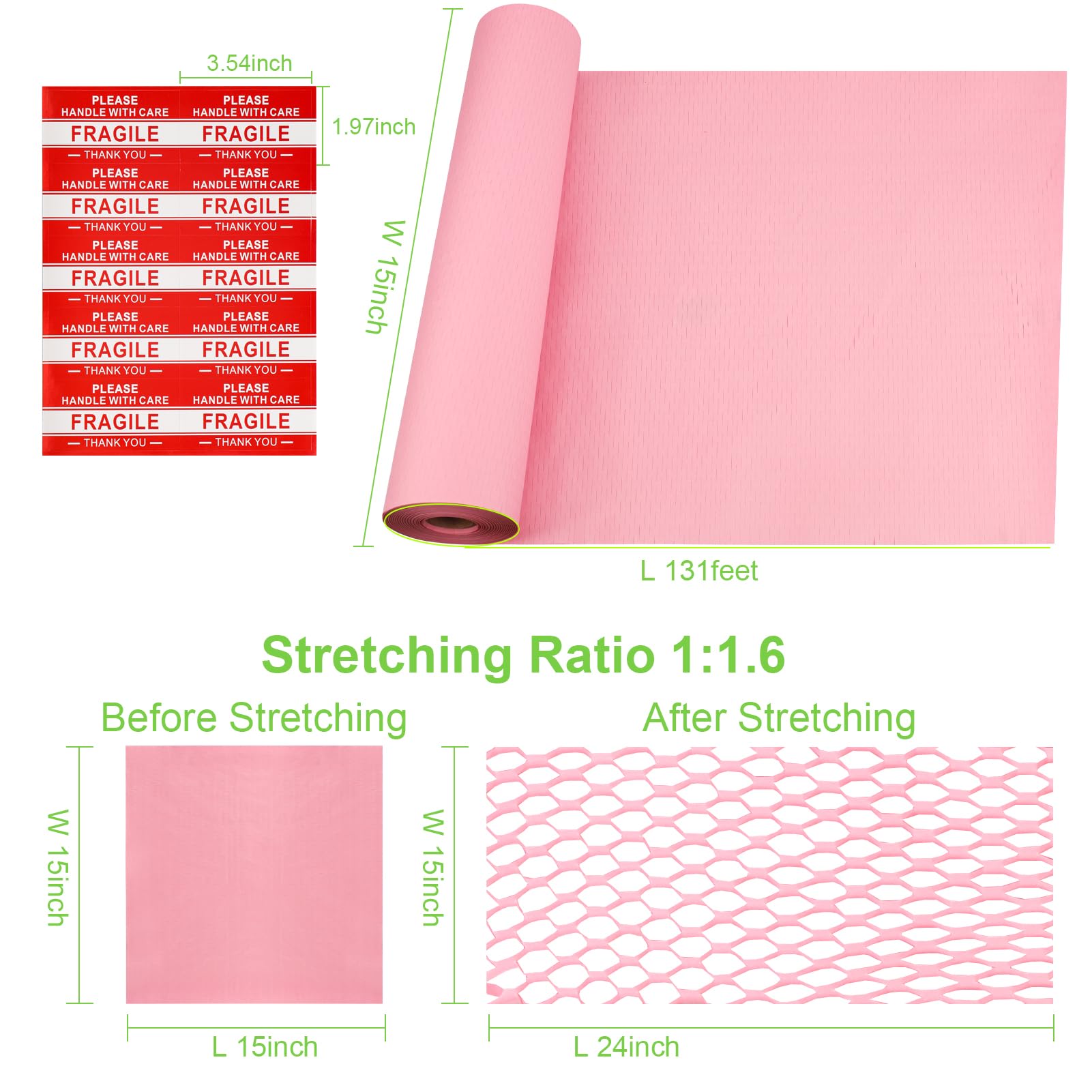 Honeycomb Packing Paper, 15" x 131'ft Honeycomb Cushioning Wrap Roll, Packing Paper Sheets for Moving Shipping with 20 Fragile Stickers, Recyclable Packing Wrap Honeycomb Paper Packing Supplies-Pink