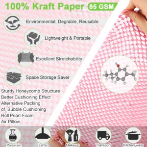 Honeycomb Packing Paper, 15" x 131'ft Honeycomb Cushioning Wrap Roll, Packing Paper Sheets for Moving Shipping with 20 Fragile Stickers, Recyclable Packing Wrap Honeycomb Paper Packing Supplies-Pink