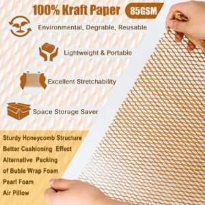 Honeycomb Packing Paper, 15" x 300' Recyclable Cushion Packing Paper for Moving Shipping Packaging Breakables, Eco Friendly Bubble Wrap Alternative Roll Kraft Honeycomb Paper with 20 Fragile Stickers