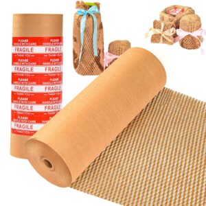 15”x400’honeycomb packing paper,100% recyclable honeycomb cushioning wrap roll for safe moving shipping packaging with 20 fragile stickers.