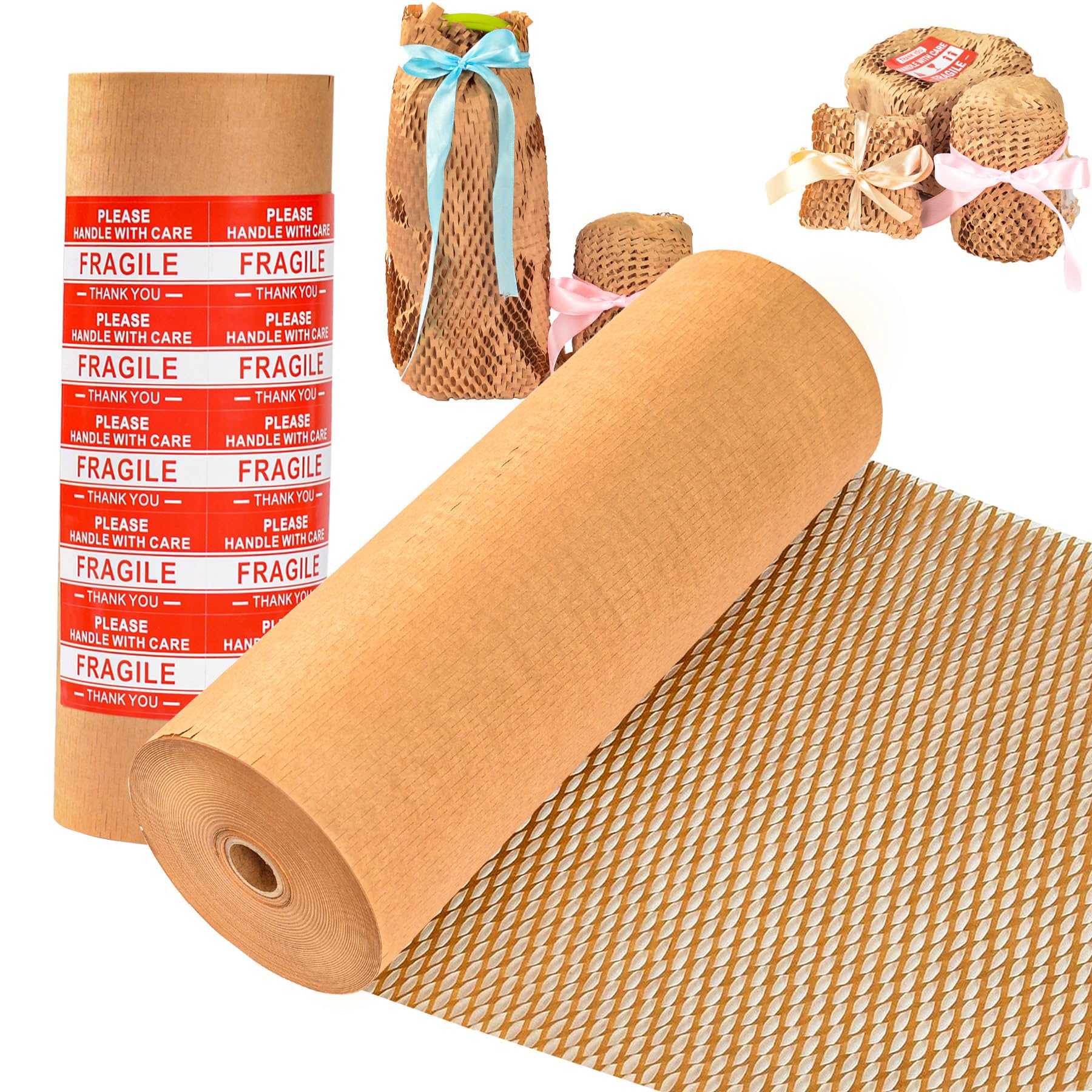 15”x400’Honeycomb Packing Paper,100% Recyclable Honeycomb Cushioning Wrap Roll for Safe Moving Shipping Packaging with 20 Fragile Stickers.