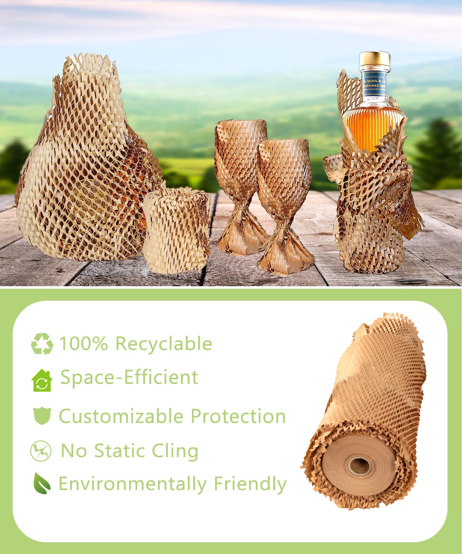 15”x400’Honeycomb Packing Paper,100% Recyclable Honeycomb Cushioning Wrap Roll for Safe Moving Shipping Packaging with 20 Fragile Stickers.