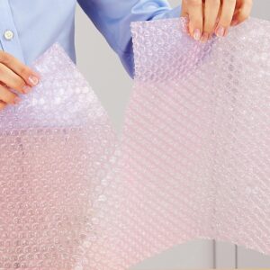 Mighty Gadget 100 ft Anti-static Small Bubble Perforated Every 12” Cushioning Wrap for Moving & Shipping Bubble Packing Wrap for Extra Protection Clear Bubble Roll Moving Supplies (Pink)