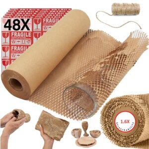 ecoducer 15”x164’ honeycomb packing paper moving supplies with 48 fragile stickers &100 ft jute twine. eco friendly bubble cushioning wrap packing material. biodegradable shipping supplies.