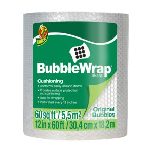 duck brand bubble wrap roll, original bubble cushioning, 12" x 60', perforated every 12" (1061835), clear