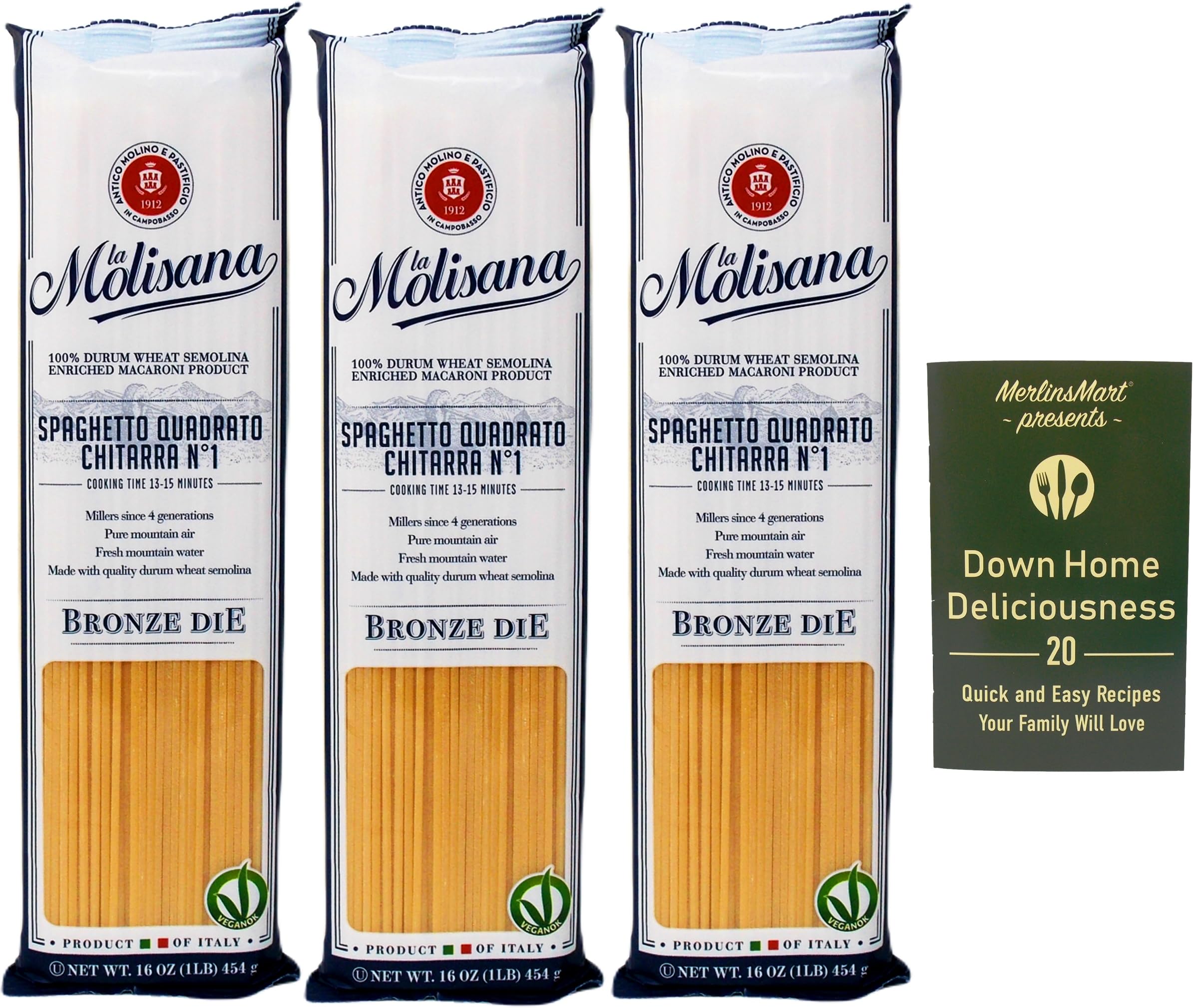 La Molisana Imported Italian Pasta - Spaghetti Quadrato Chitarra No. 1 (16 Ounces) - Pack of 3 - Plus Recipe Booklet Bundle