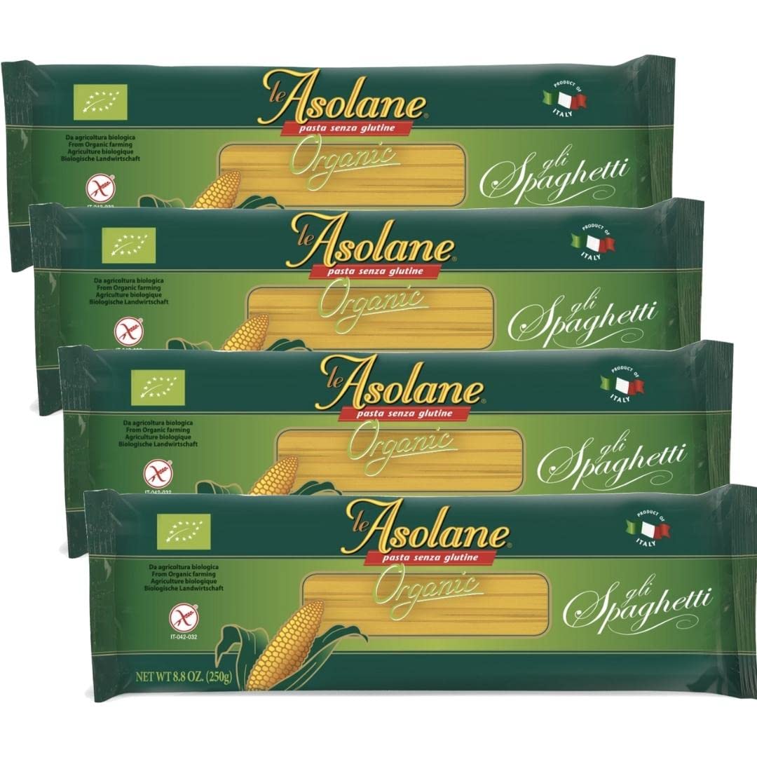 Le Asolane Certified Organic Gluten Free Pasta | Spaghetti | 4 Pack | Authentic Imported Italian Gourmet Pasta from Select Premium Grade Corn Flour | 8.8 oz packages