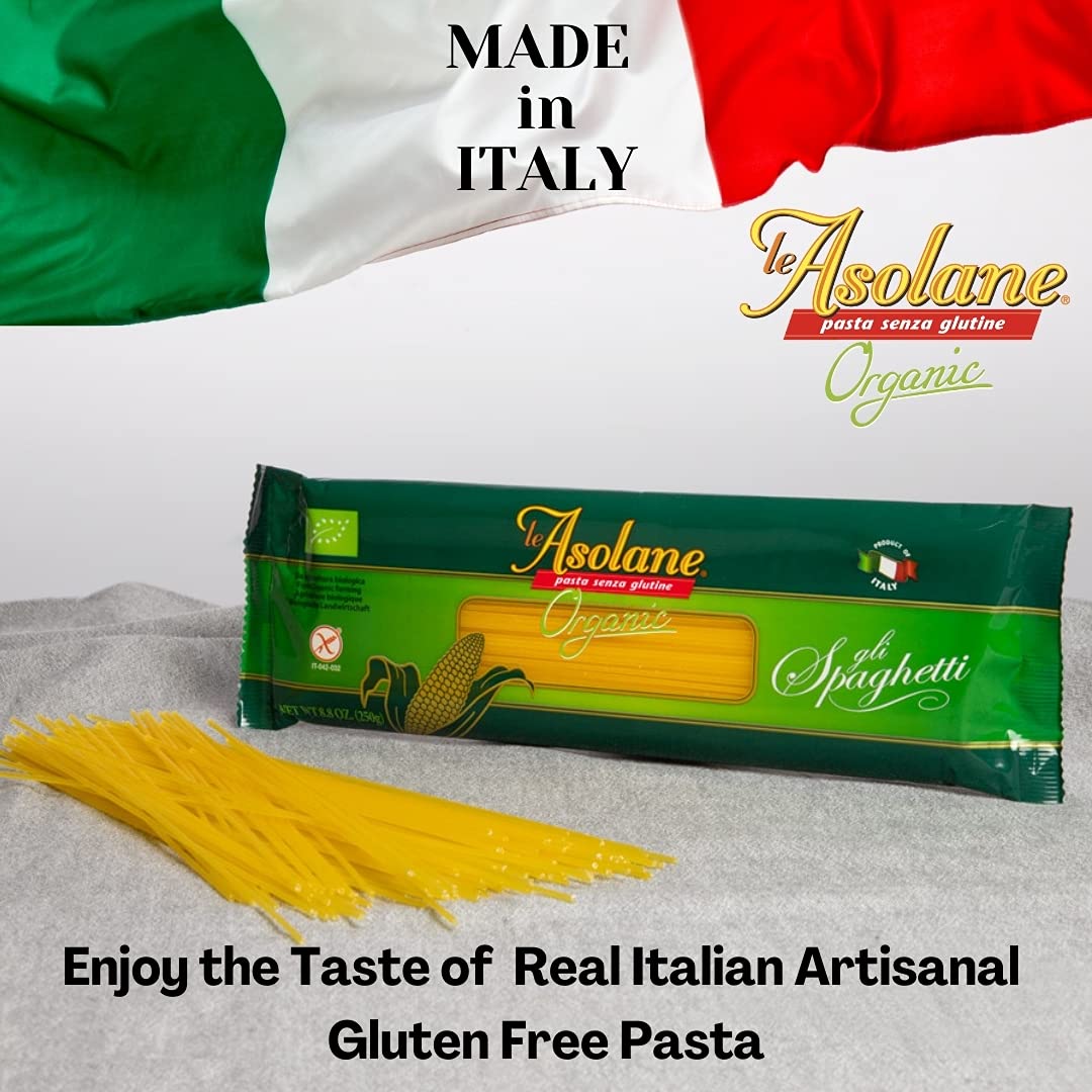 Le Asolane Certified Organic Gluten Free Pasta | Spaghetti | 4 Pack | Authentic Imported Italian Gourmet Pasta from Select Premium Grade Corn Flour | 8.8 oz packages