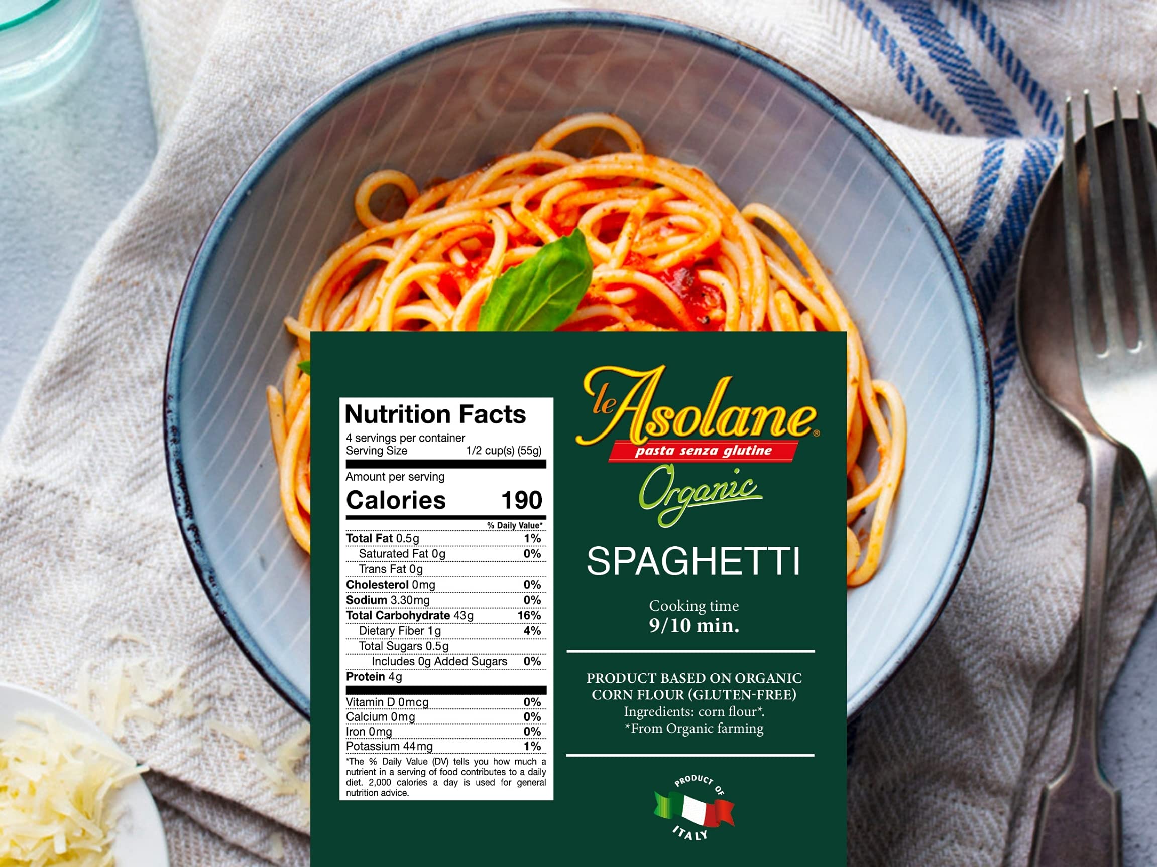 Le Asolane Certified Organic Gluten Free Pasta | Spaghetti | 4 Pack | Authentic Imported Italian Gourmet Pasta from Select Premium Grade Corn Flour | 8.8 oz packages