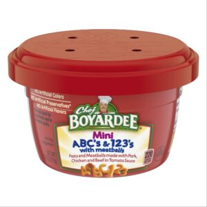 chef boyardee mini abc's and 123's with meatballs, microwave food, 7.5 oz microwavable bowl (12 bowls)