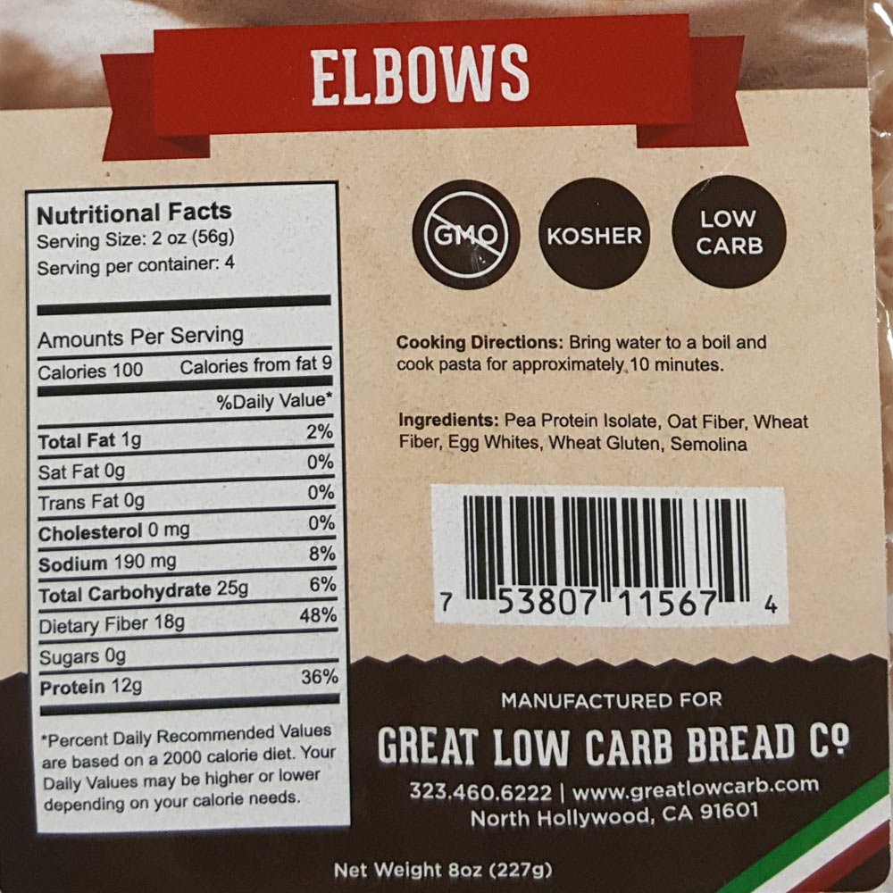 Low Carb Pasta, Great Low Carb Bread Company, 8 oz. (Elbows) (Original Version) (Original Version)