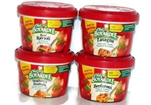 chef boyardee variety pack microwavable bowls 4 pack (7.5 oz. each) - beef ravioli, spaghetti & meatballs, beefaroni, lasagna - small storage space friendly!