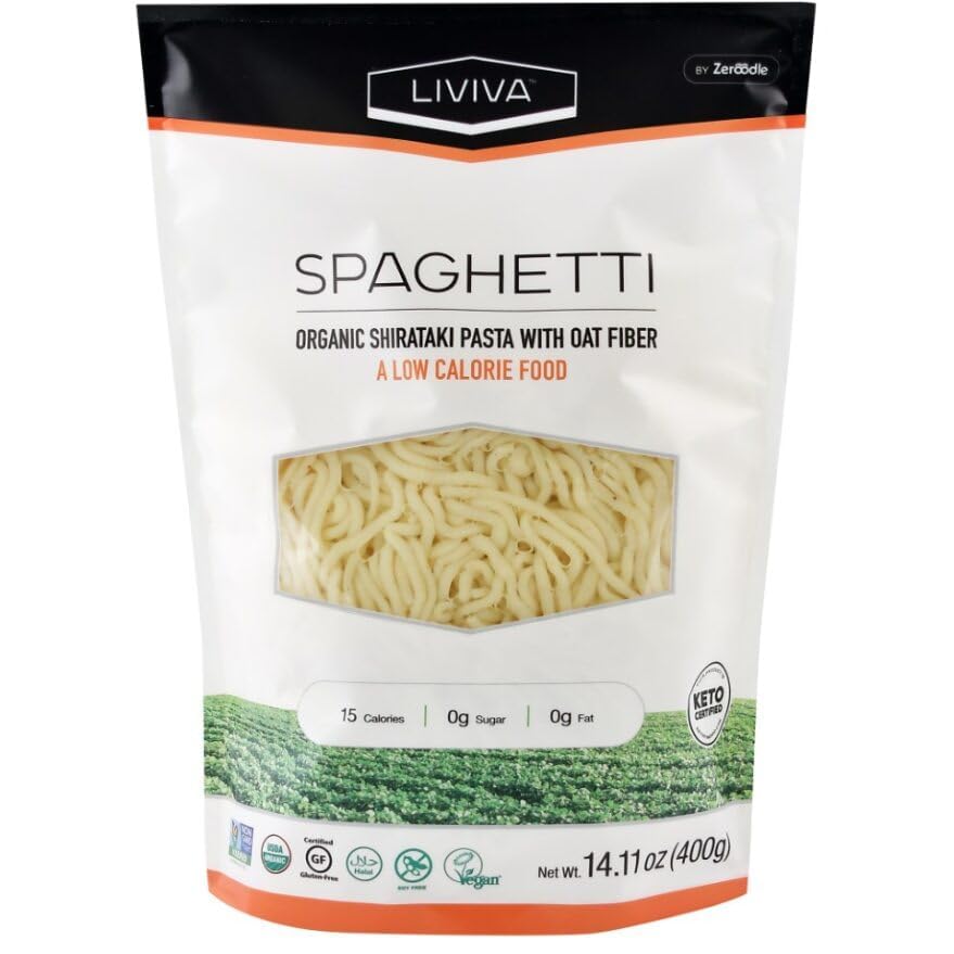 LIVIVA Organic Shirataki Spaghetti with Oat Fiber, Low-Calorie Pasta made from Konjac Root, Non-GMO, Gluten Free and Keto Certified, 14.11 Ounce (Pack of 3)