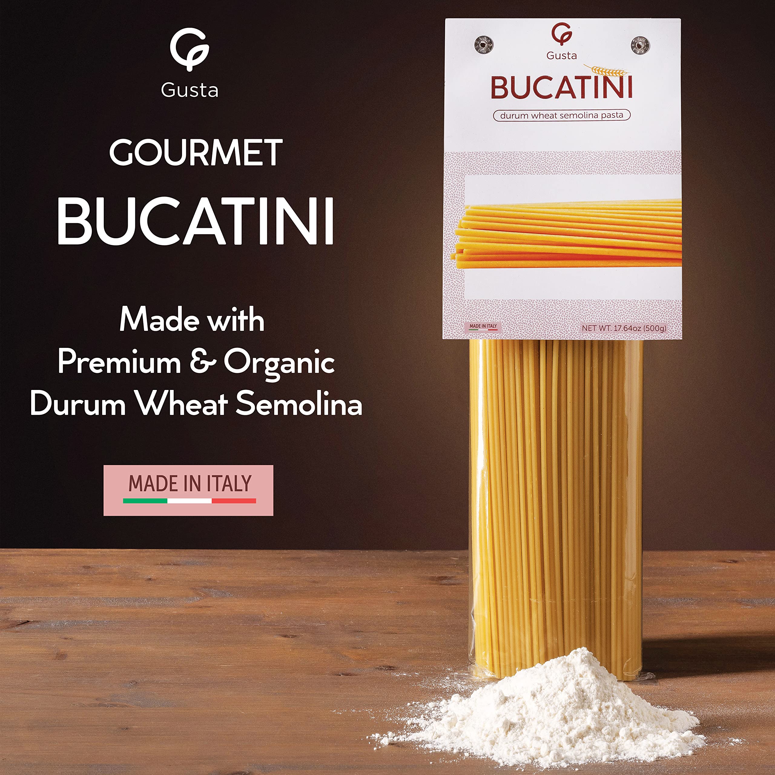 Gusta Bucatini Pasta Noodles - Premium Italian Pasta from Italy - Durum Wheat Semolina Organic "Al Dente" Pasta - Non-GMO & Gourmet Pasta - Family Owned Brand - 17.64oz / 500g (2 Pack)