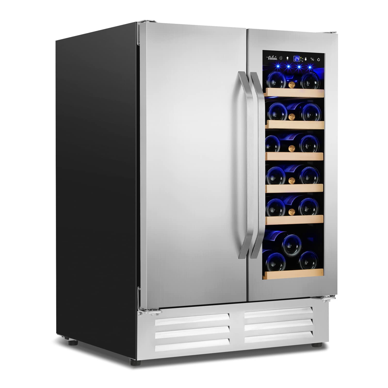 Velieta Outdoor Wine and Beverage Refrigerator,24 Inch Dual Zone Wine Beverage Cooler, Built-in/Freestanding Beer and Wine Fridge with a Powerful Compressor, 20 Bottles and 88 Cans Capacity