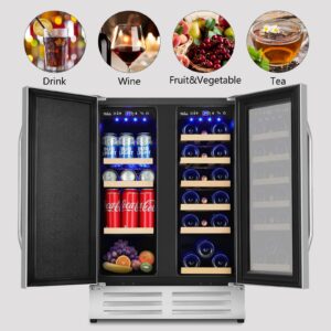 Velieta Outdoor Wine and Beverage Refrigerator,24 Inch Dual Zone Wine Beverage Cooler, Built-in/Freestanding Beer and Wine Fridge with a Powerful Compressor, 20 Bottles and 88 Cans Capacity