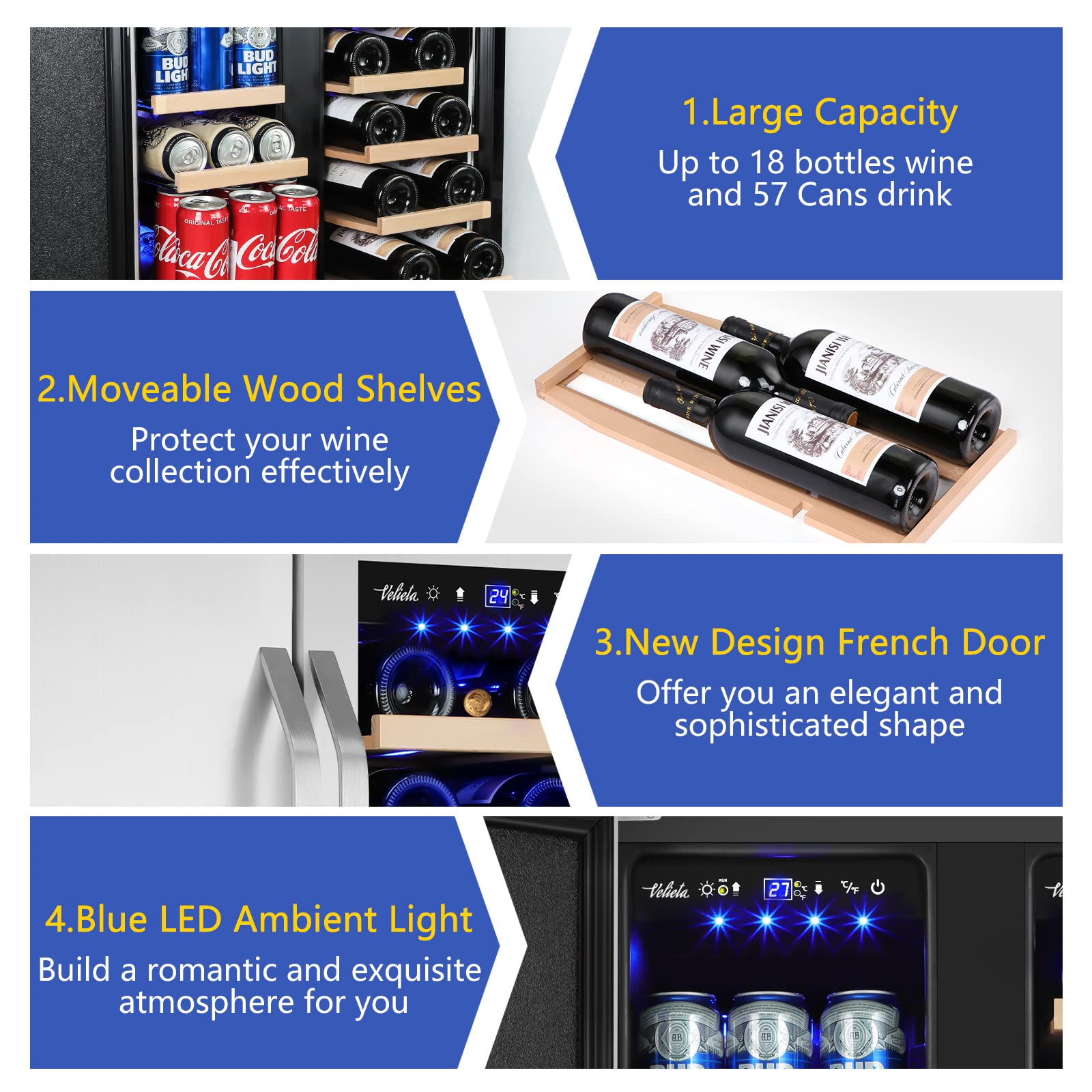 Velieta Outdoor Wine and Beverage Refrigerator,24 Inch Dual Zone Wine Beverage Cooler, Built-in/Freestanding Beer and Wine Fridge with a Powerful Compressor, 20 Bottles and 88 Cans Capacity