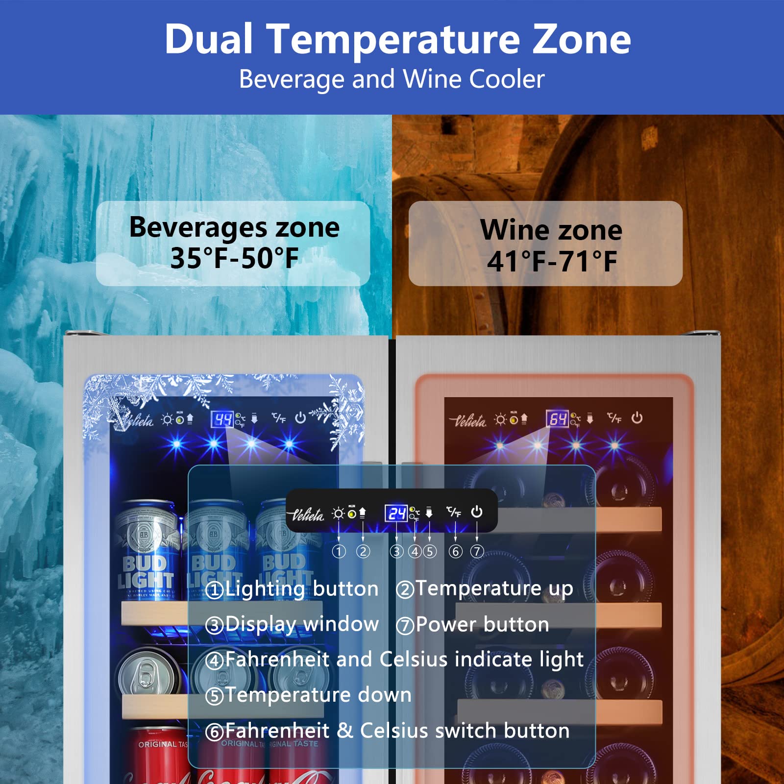 Velieta Outdoor Wine and Beverage Refrigerator,24 Inch Dual Zone Wine Beverage Cooler, Built-in/Freestanding Beer and Wine Fridge with a Powerful Compressor, 20 Bottles and 88 Cans Capacity