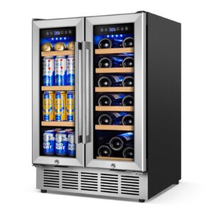 wine and beverage refrigerator with glass door, 24-inch dual zone wine fridge under counter - 18 bottle and 65 can large capacity led blue light smart fast cooling wine cooler