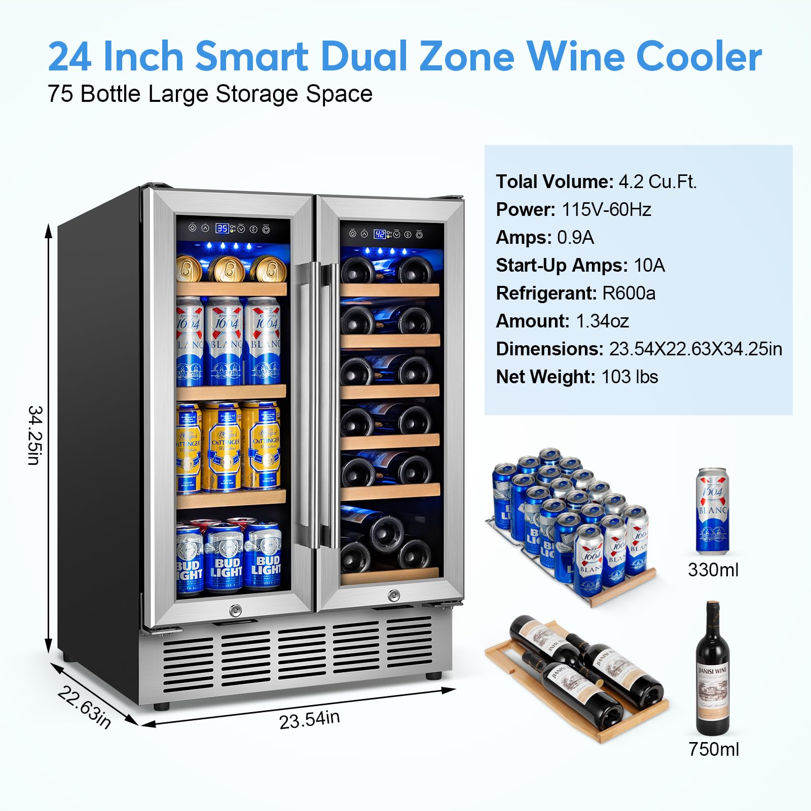 Wine and Beverage Refrigerator with Glass Door, 24-Inch Dual Zone Wine Fridge Under Counter - 18 Bottle and 65 Can Large Capacity Led Blue Light Smart Fast Cooling Wine Cooler