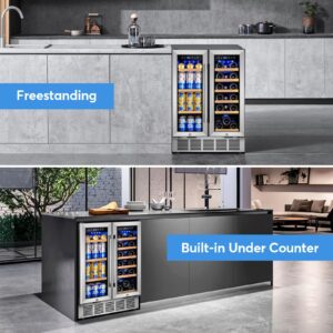 Wine and Beverage Refrigerator with Glass Door, 24-Inch Dual Zone Wine Fridge Under Counter - 18 Bottle and 65 Can Large Capacity Led Blue Light Smart Fast Cooling Wine Cooler