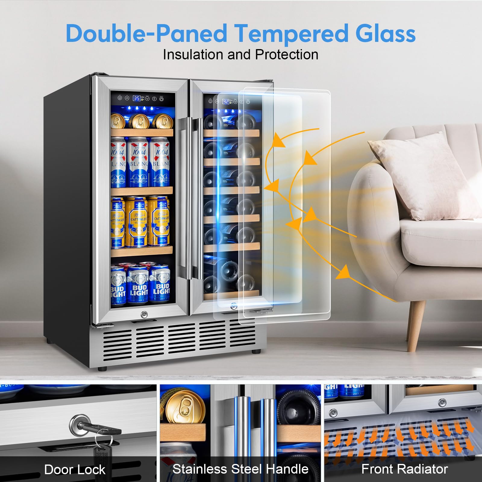 Wine and Beverage Refrigerator with Glass Door, 24-Inch Dual Zone Wine Fridge Under Counter - 18 Bottle and 65 Can Large Capacity Led Blue Light Smart Fast Cooling Wine Cooler