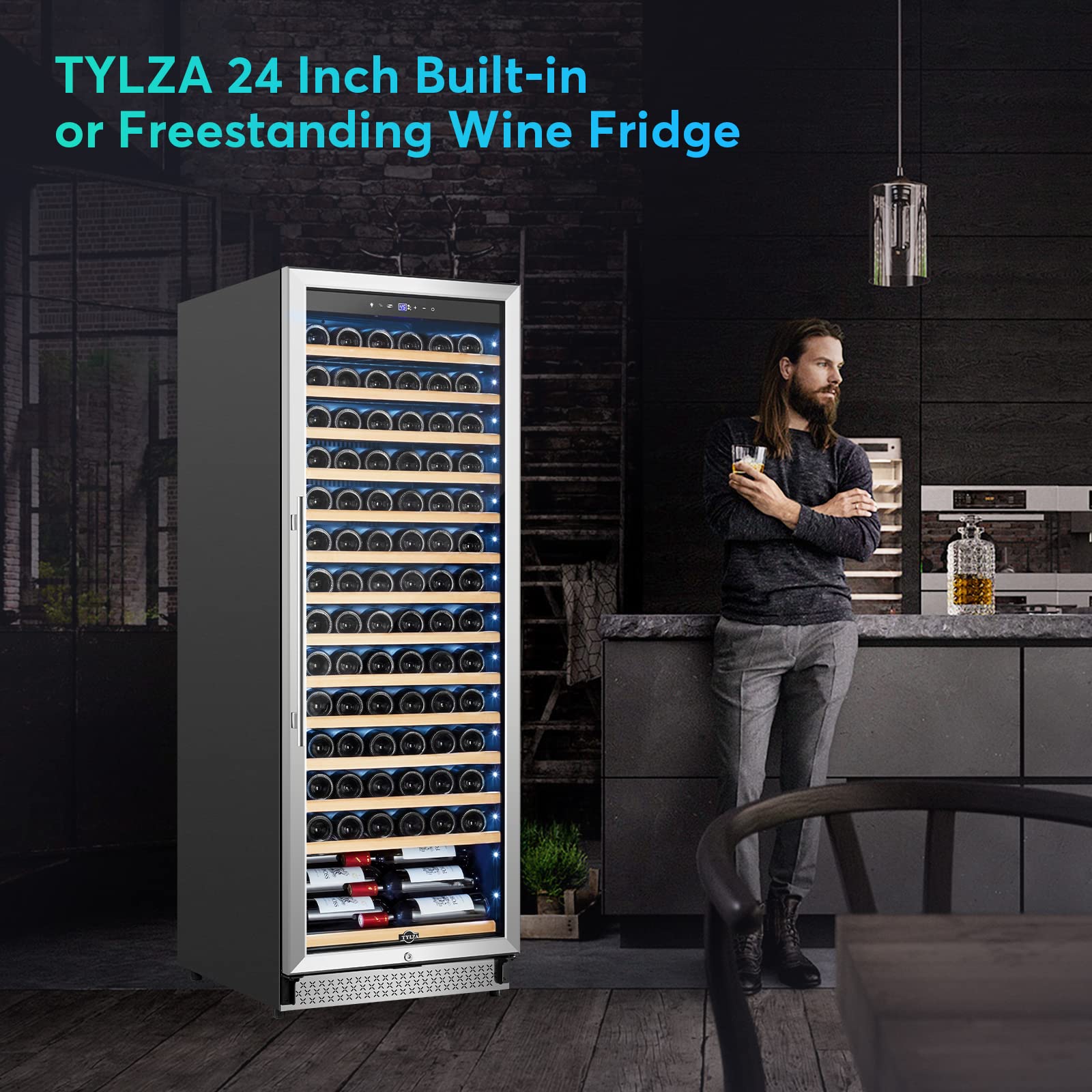 Tylza Upgraded 154 Bottles Wine Cooler Refrigerator, 24 Inch Tall Wine Fridge Built-in or Freestanding with Professional Compressor, Low Noise Fast Cooling and Intelligent Temperature Memory