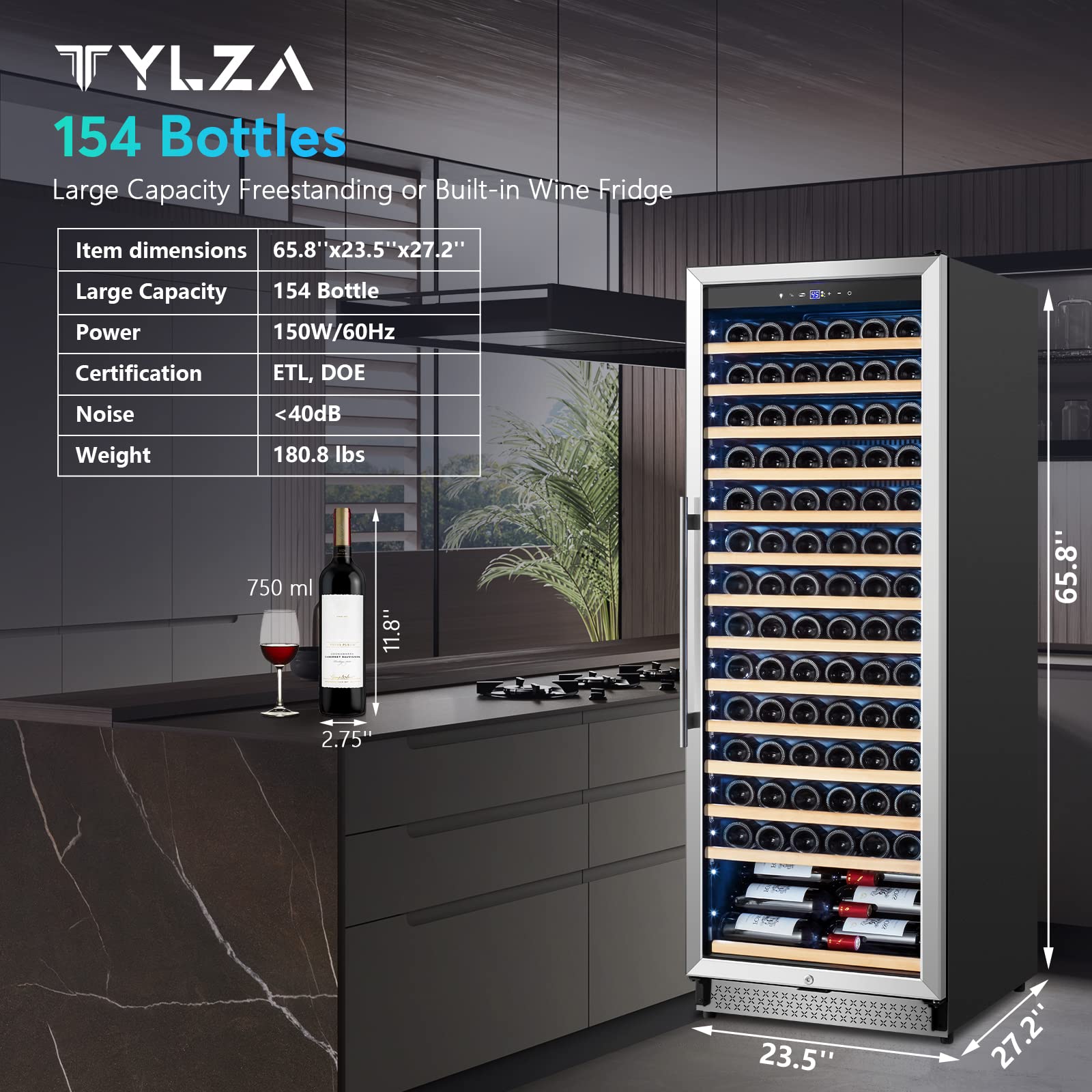 Tylza Upgraded 154 Bottles Wine Cooler Refrigerator, 24 Inch Tall Wine Fridge Built-in or Freestanding with Professional Compressor, Low Noise Fast Cooling and Intelligent Temperature Memory