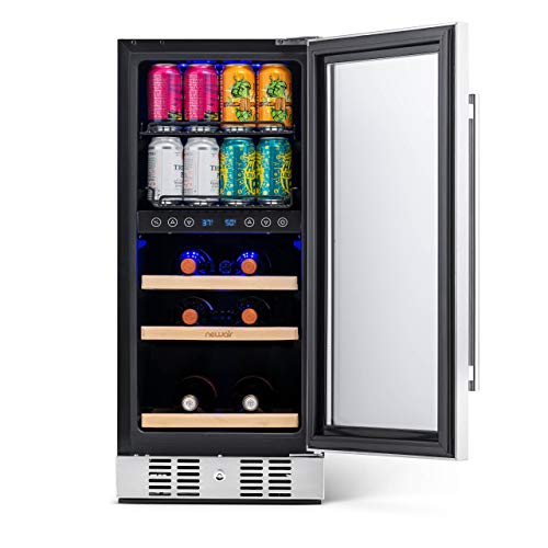 NewAir 15” Wine, Beer, Beverage Refrigerator Cooler | 9 Bottle, 48 Can Capacity | Stainless Steel Built-in or Freestanding Dual Zone Drink Fridge |Triple-Pane Glass Door, Digital Temperature Control