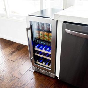 NewAir 15” Wine, Beer, Beverage Refrigerator Cooler | 9 Bottle, 48 Can Capacity | Stainless Steel Built-in or Freestanding Dual Zone Drink Fridge |Triple-Pane Glass Door, Digital Temperature Control