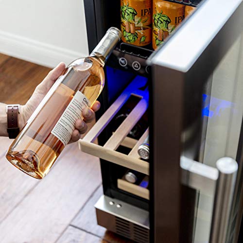 NewAir 15” Wine, Beer, Beverage Refrigerator Cooler | 9 Bottle, 48 Can Capacity | Stainless Steel Built-in or Freestanding Dual Zone Drink Fridge |Triple-Pane Glass Door, Digital Temperature Control