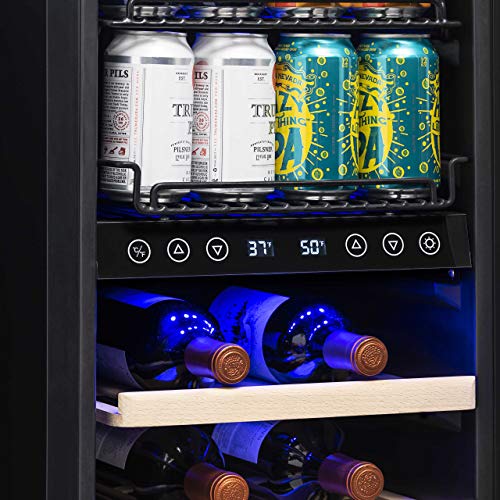 NewAir 15” Wine, Beer, Beverage Refrigerator Cooler | 9 Bottle, 48 Can Capacity | Stainless Steel Built-in or Freestanding Dual Zone Drink Fridge |Triple-Pane Glass Door, Digital Temperature Control