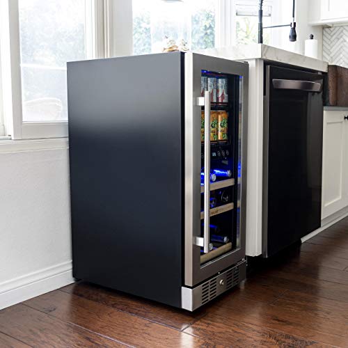 NewAir 15” Wine, Beer, Beverage Refrigerator Cooler | 9 Bottle, 48 Can Capacity | Stainless Steel Built-in or Freestanding Dual Zone Drink Fridge |Triple-Pane Glass Door, Digital Temperature Control